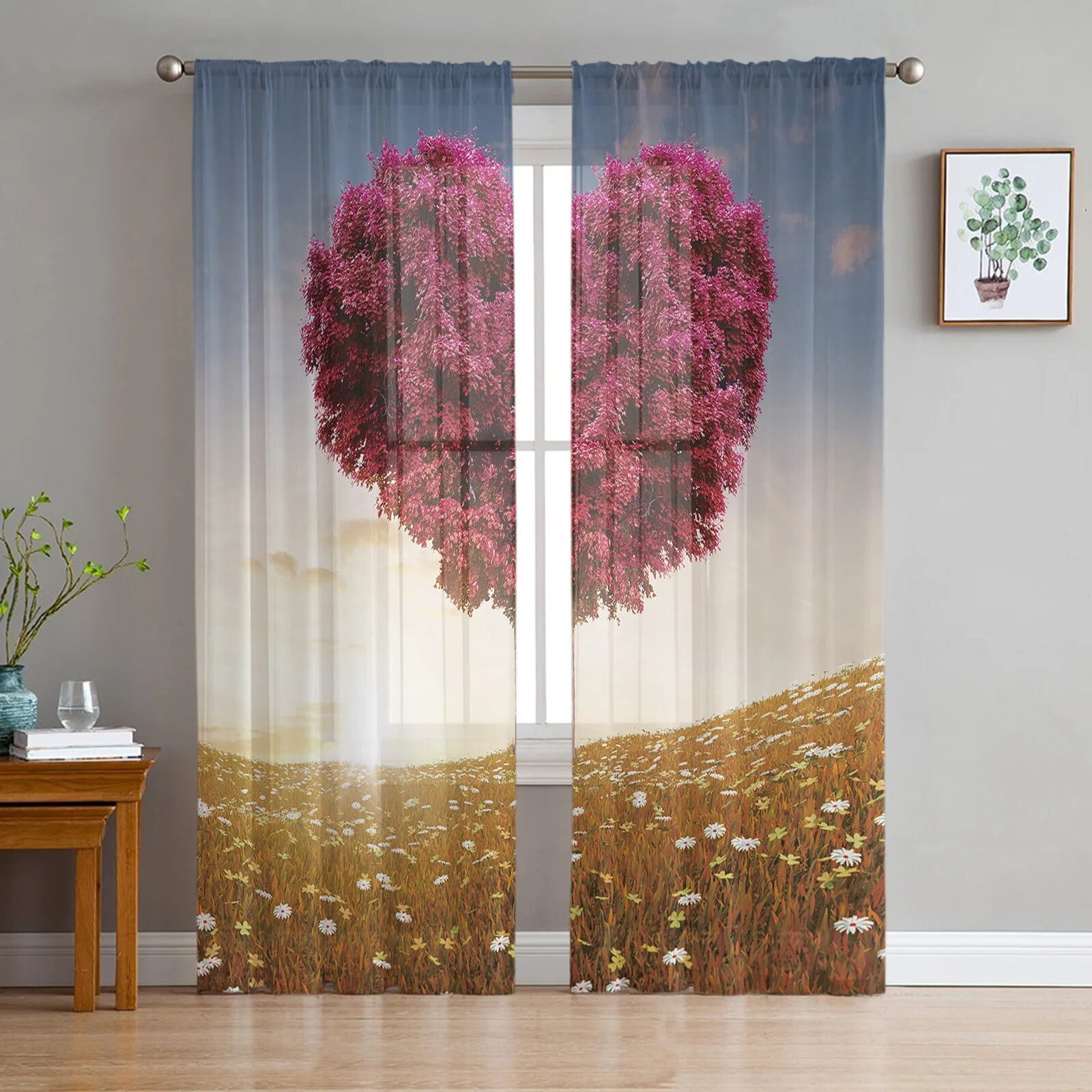 Heart Shaped Tree At Sunset Voile Curtain for Living Room Door Gauze ...