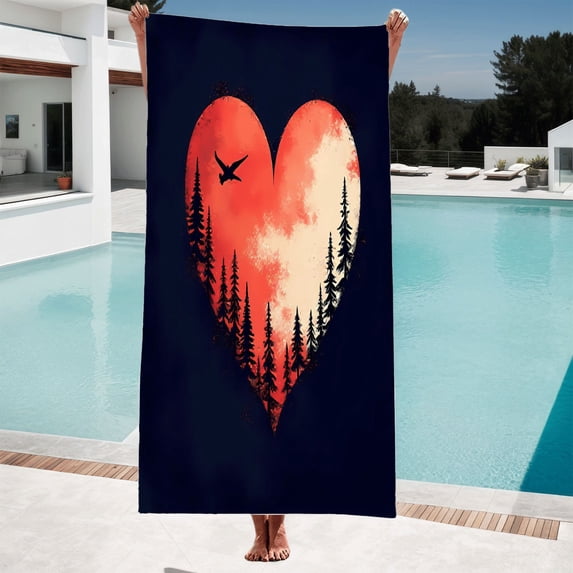 Heart-Shaped Tree Silhouette Beach Towel - Vibrant Red Sky Design ...