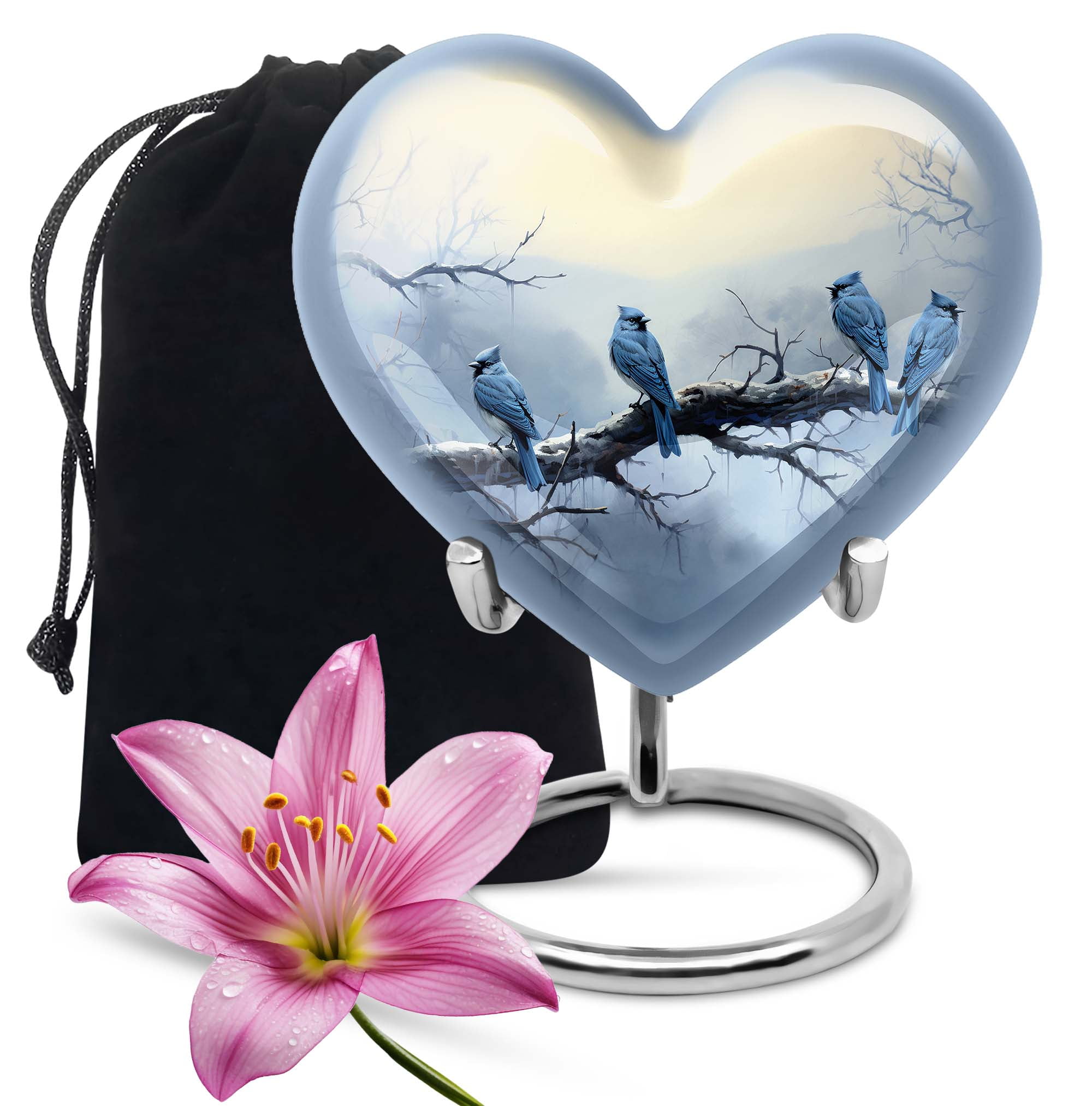 Heart Shaped Urn For Human Ashes, Winter Perch Of Blue Jays Urns For ...