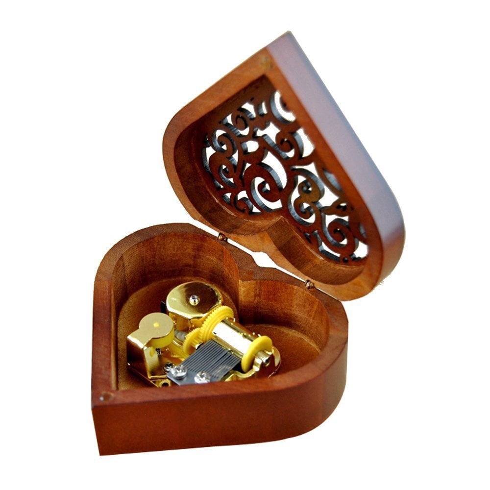 Heart Shaped Vintage Wood Carved Musical Box Happy Birthday Melody Wind ...
