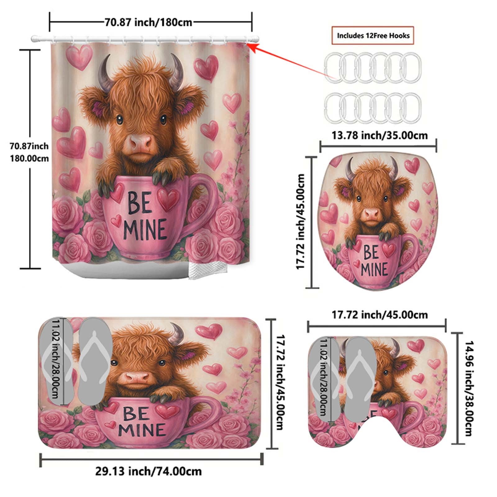 Heart Shower Curtain 4 Piece Set Bathroom Decor with Toilet Seat Cover ...