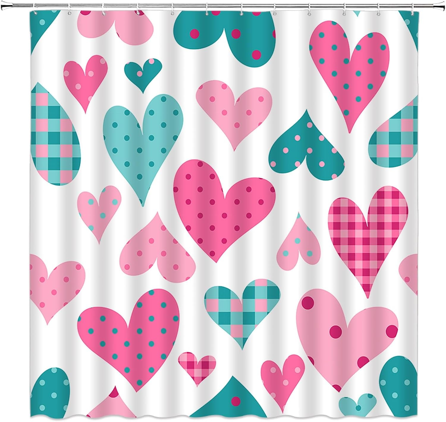 Heart Shower Curtain Pink Teal Heart Dot Checkered Plaid Sweet Love ...