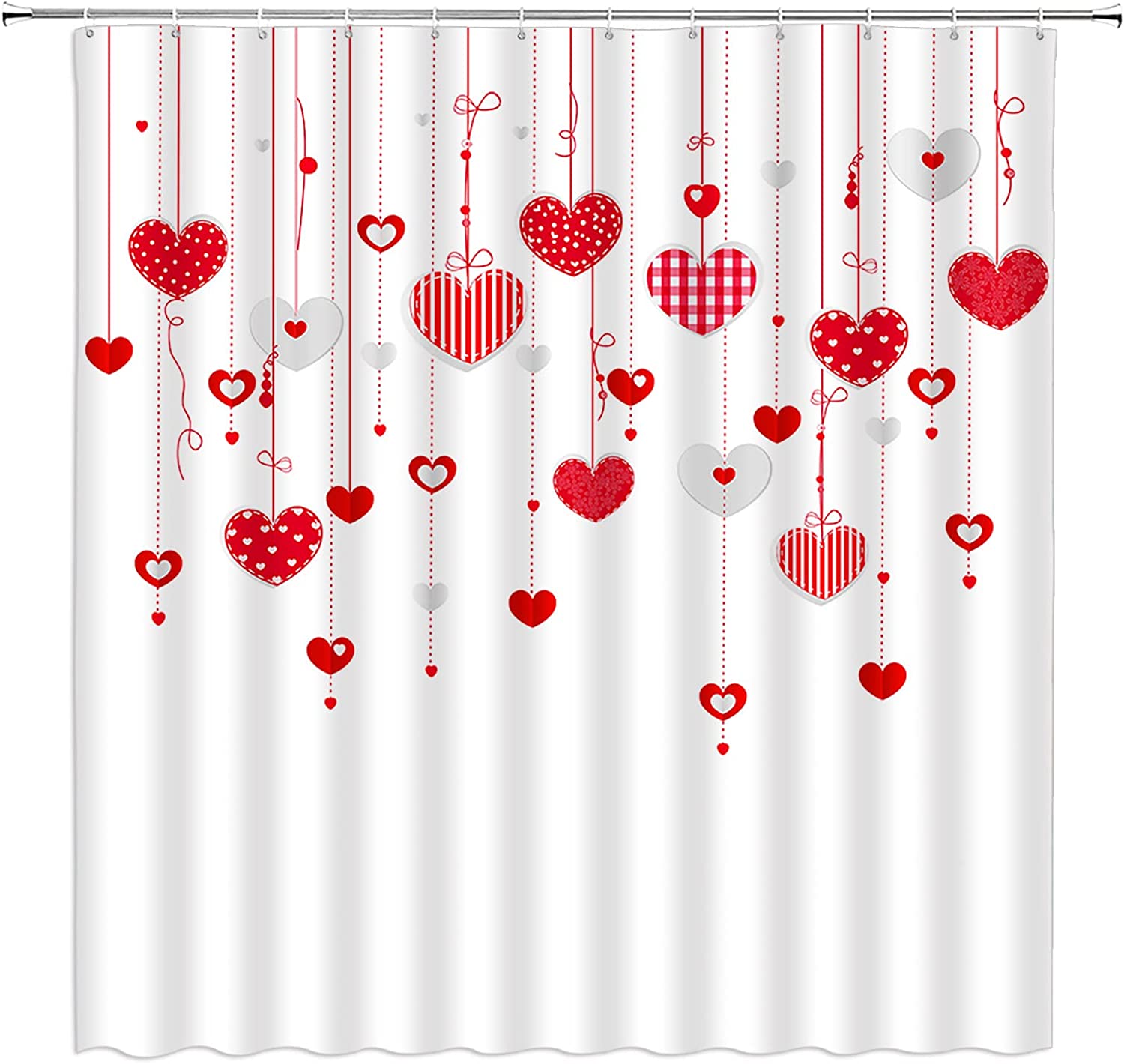 Heart Shower Curtain Valentine''s Day Red Heart Geometric Striped Polka ...