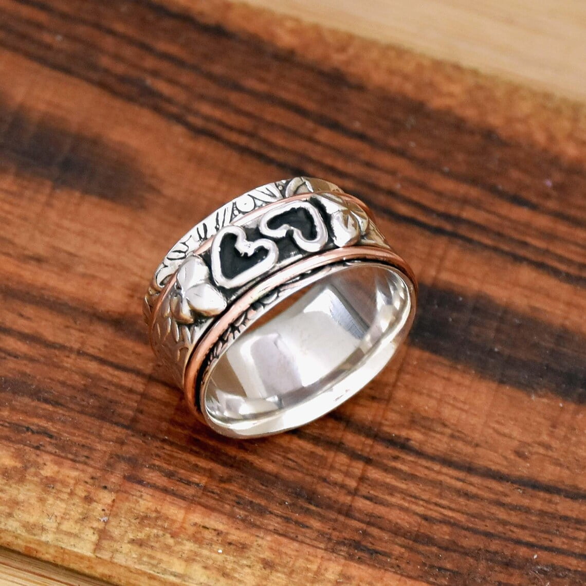 Heart Spinner Ring, 925 Sterling Silver Ring, Couple Spinner Ring, Textured band Ring, Two Tone ...