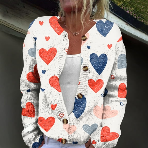 Heart Sweater for Women Crew Neck Ribbed Knit Open Front Valentines ...