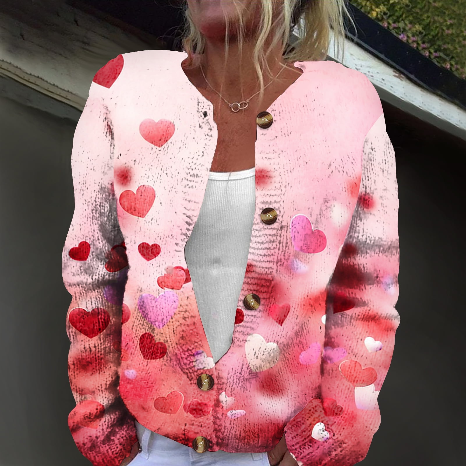 Heart Sweater for Women Crew Neck Ribbed Knit Open Front Valentines ...