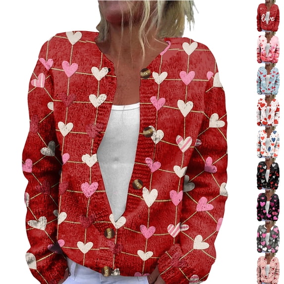 Heart Sweater for Women Crew Neck Ribbed Knit Open Front Valentines ...