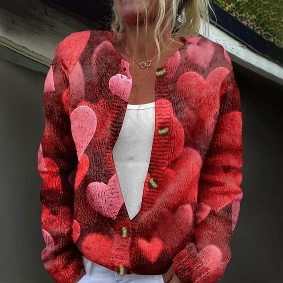 Heart Sweater for Women Crew Neck Ribbed Knit Open Front Valentines ...