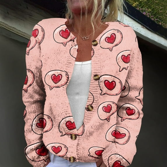 Heart Sweater for Women Crew Neck Ribbed Knit Open Front Valentines ...