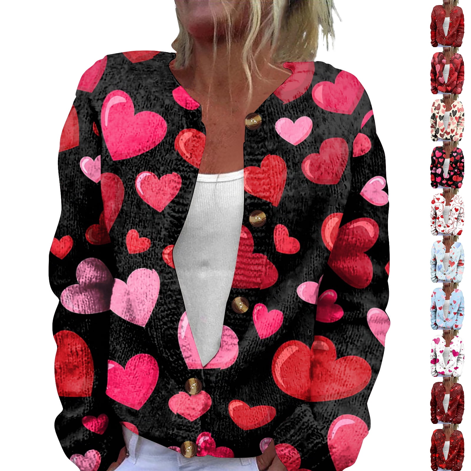 Heart Sweater for Women Crew Neck Ribbed Knit Open Front Valentines ...