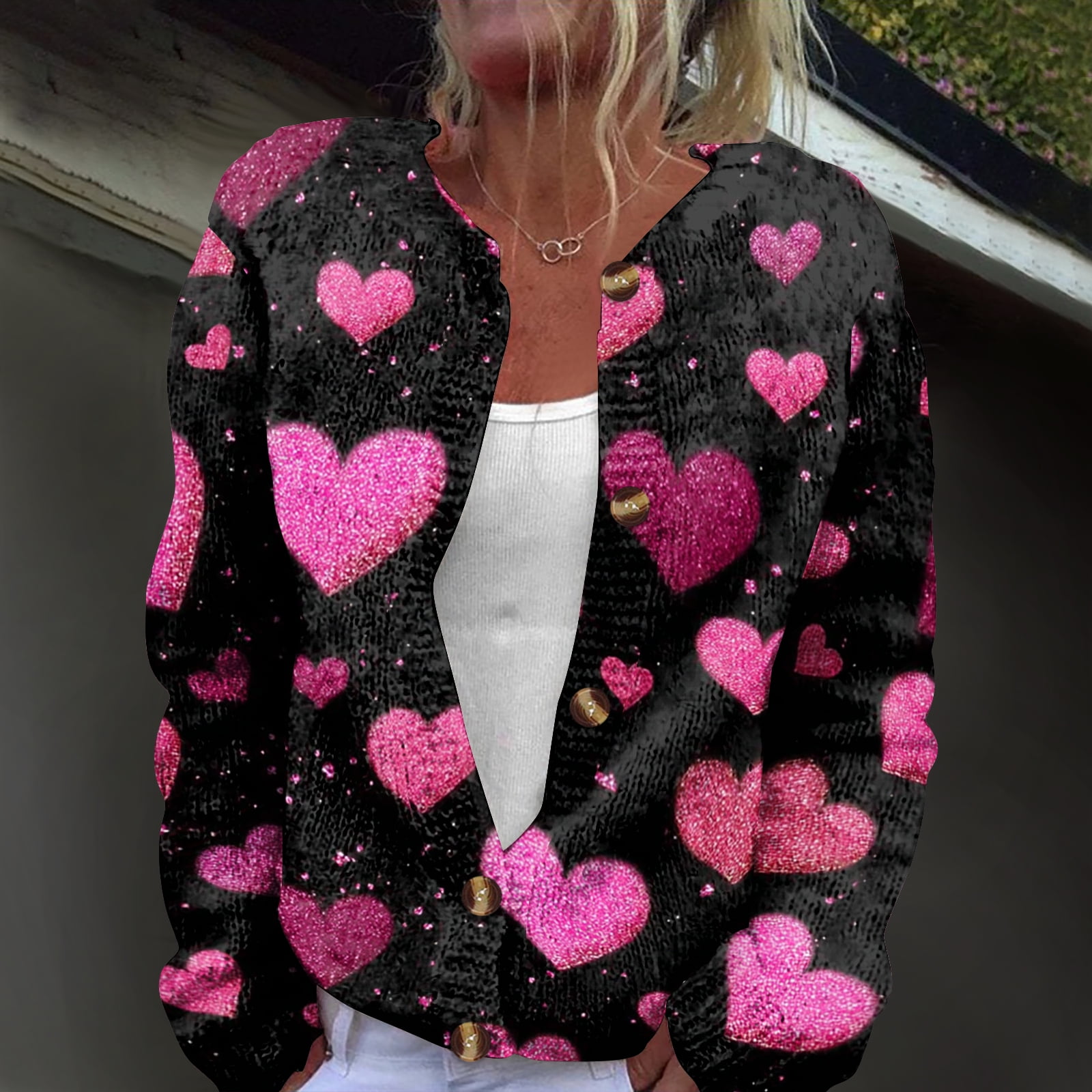 Heart Sweater for Women Crew Neck Ribbed Knit Open Front Valentines ...