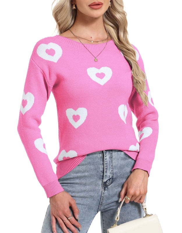 Heart Sweaters for Women Knit Warm Pullover Sweater Cute Heart Printed ...