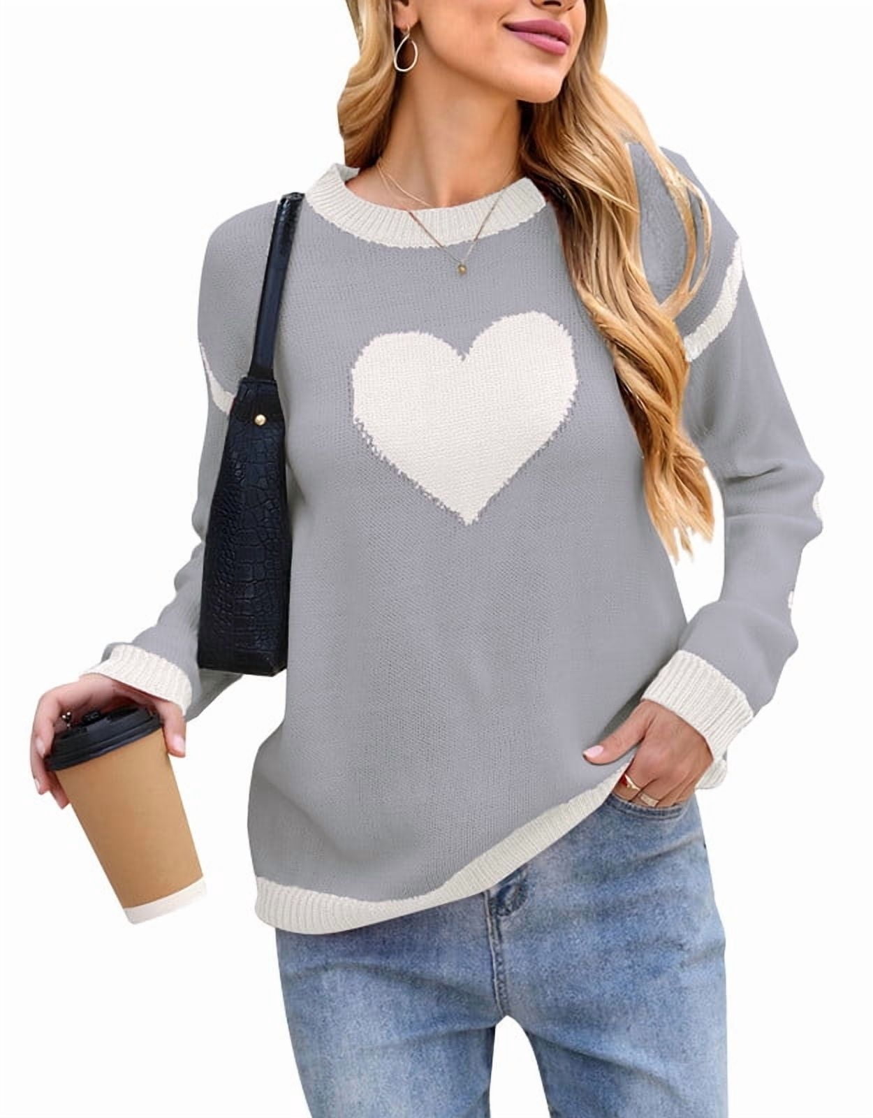 Heart Sweaters for Women Knit Warm Pullover Sweater Cute Heart Printed ...