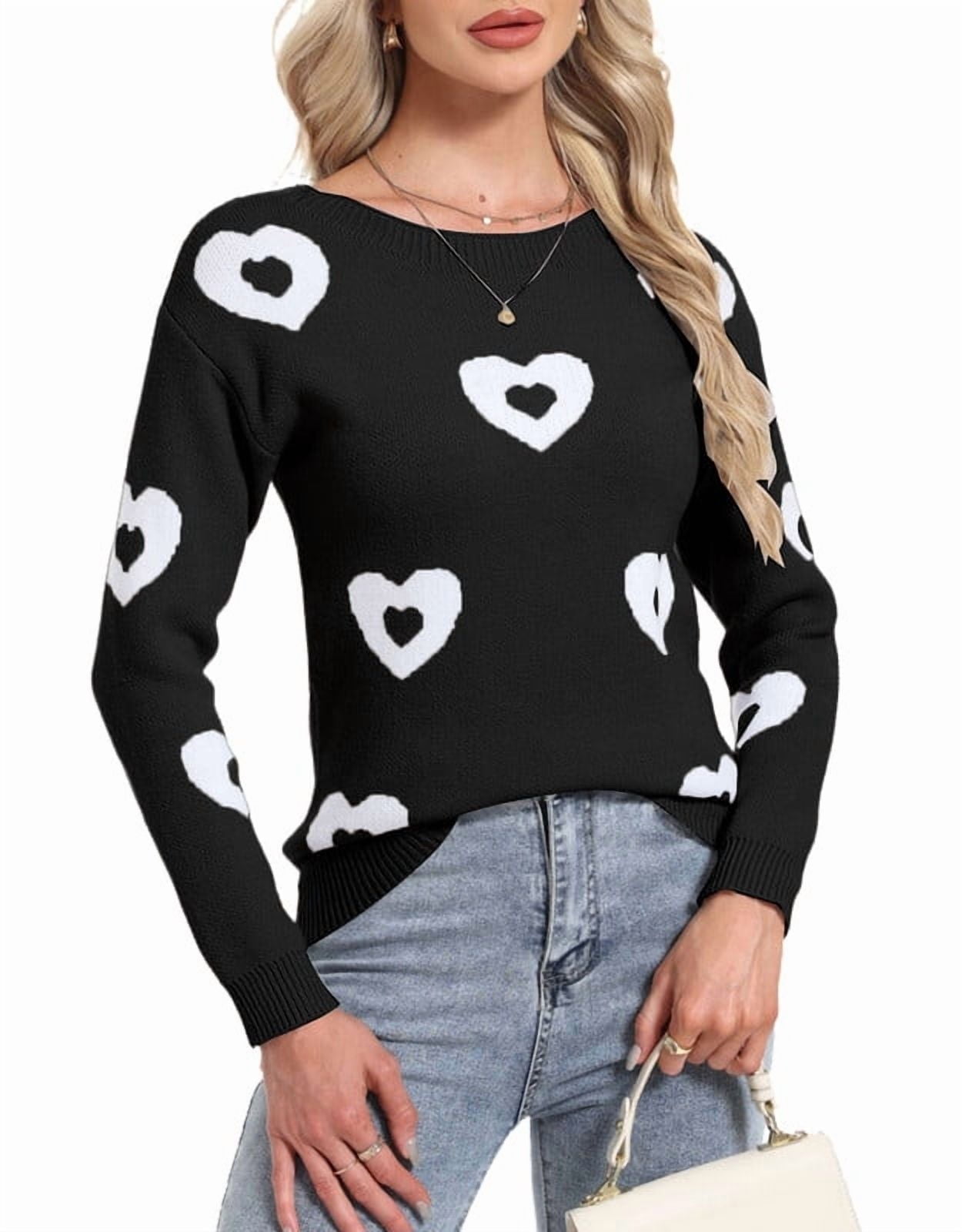 Heart Sweaters for Women Knit Warm Pullover Sweater Cute Heart Printed ...