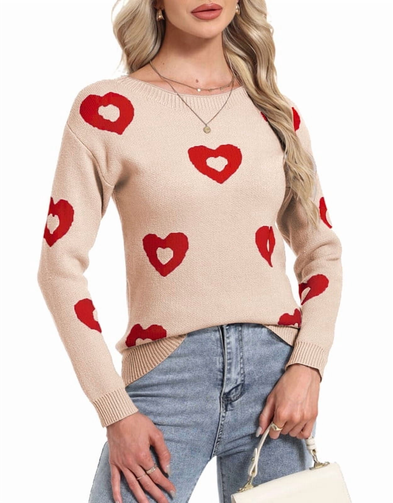 Heart Sweaters for Women Knit Warm Pullover Sweater Cute Heart Printed ...