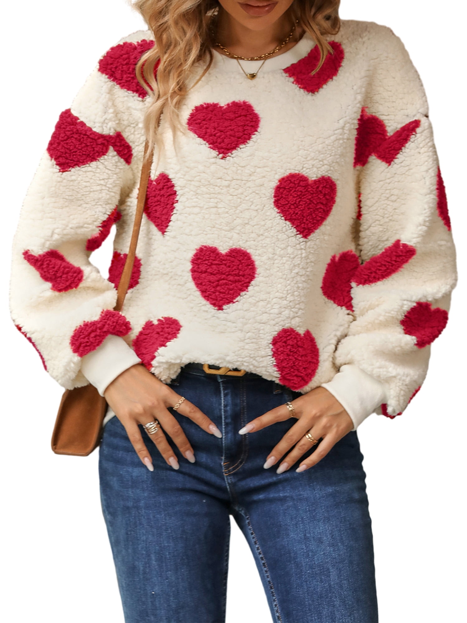 Heart Sweaters for Women Valentine's Day Heart Printed Pullover Sweaters Warm Fuzzy Crewneck ...