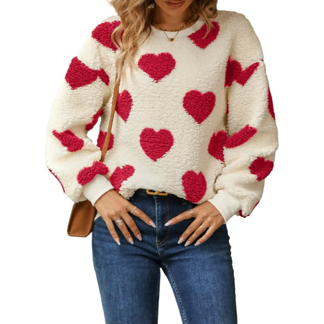 Heart Sweaters for Women Valentine's Day Heart Printed Pullover ...