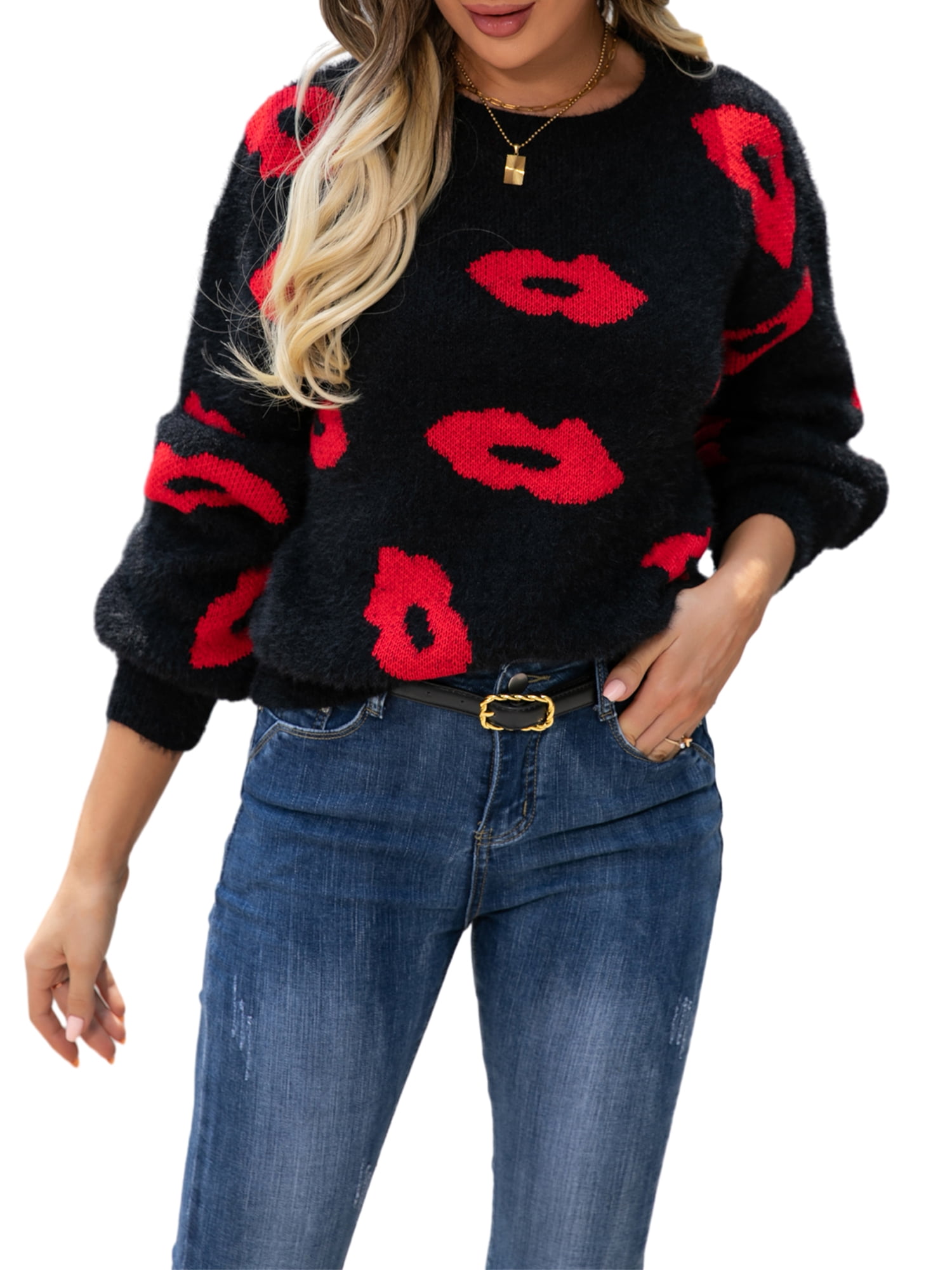 Heart Sweaters for Women Valentine's Day Heart Printed Pullover ...