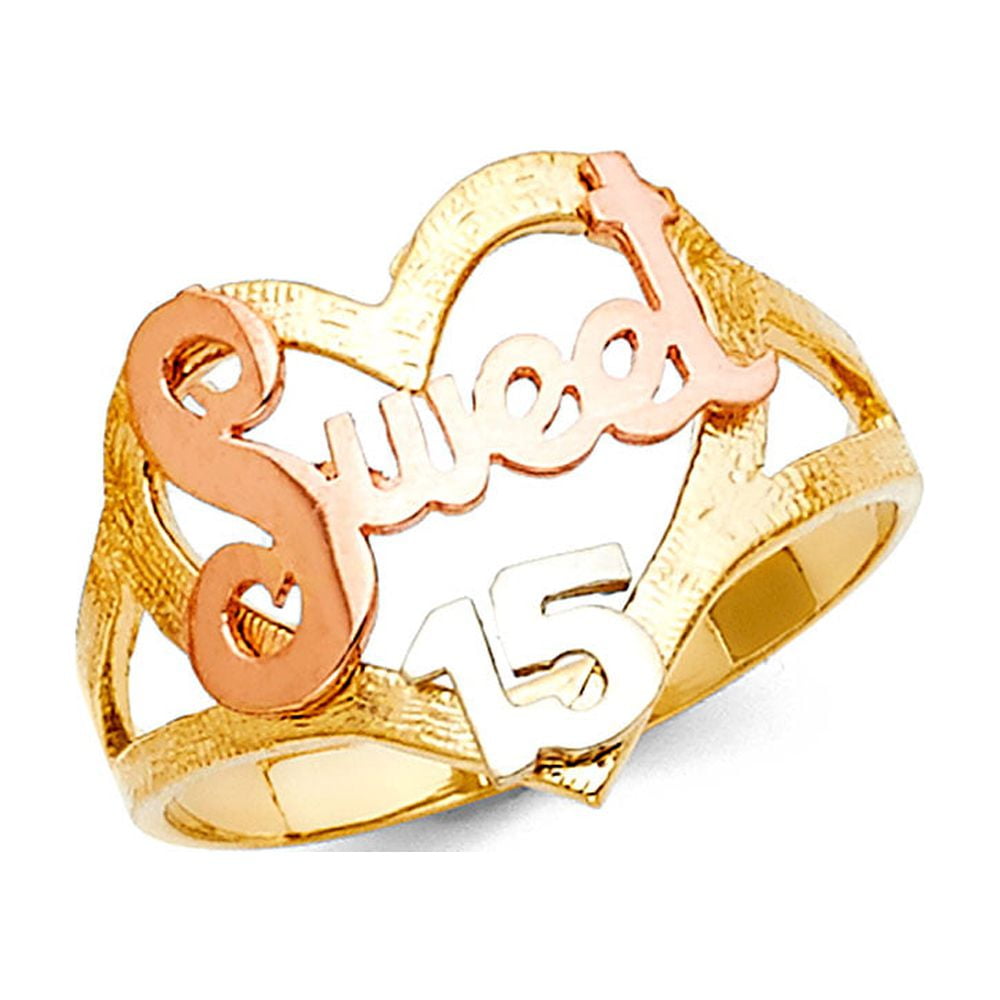 Heart Sweet 15 Ring Solid 14k Yellow White Rose Gold Quinceanera Fancy ...