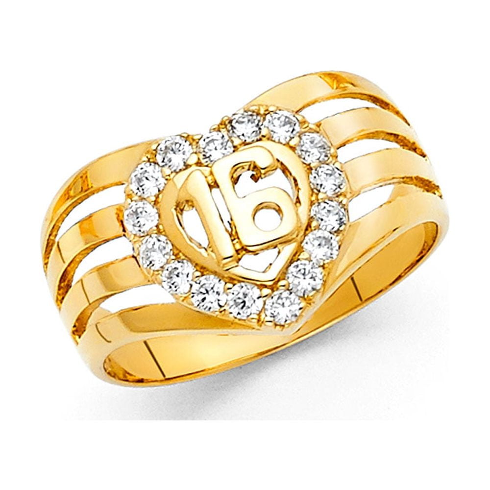 Heart Sweet 16 Birthday Ring Solid 14k Yellow Gold Band Stackable Look ...
