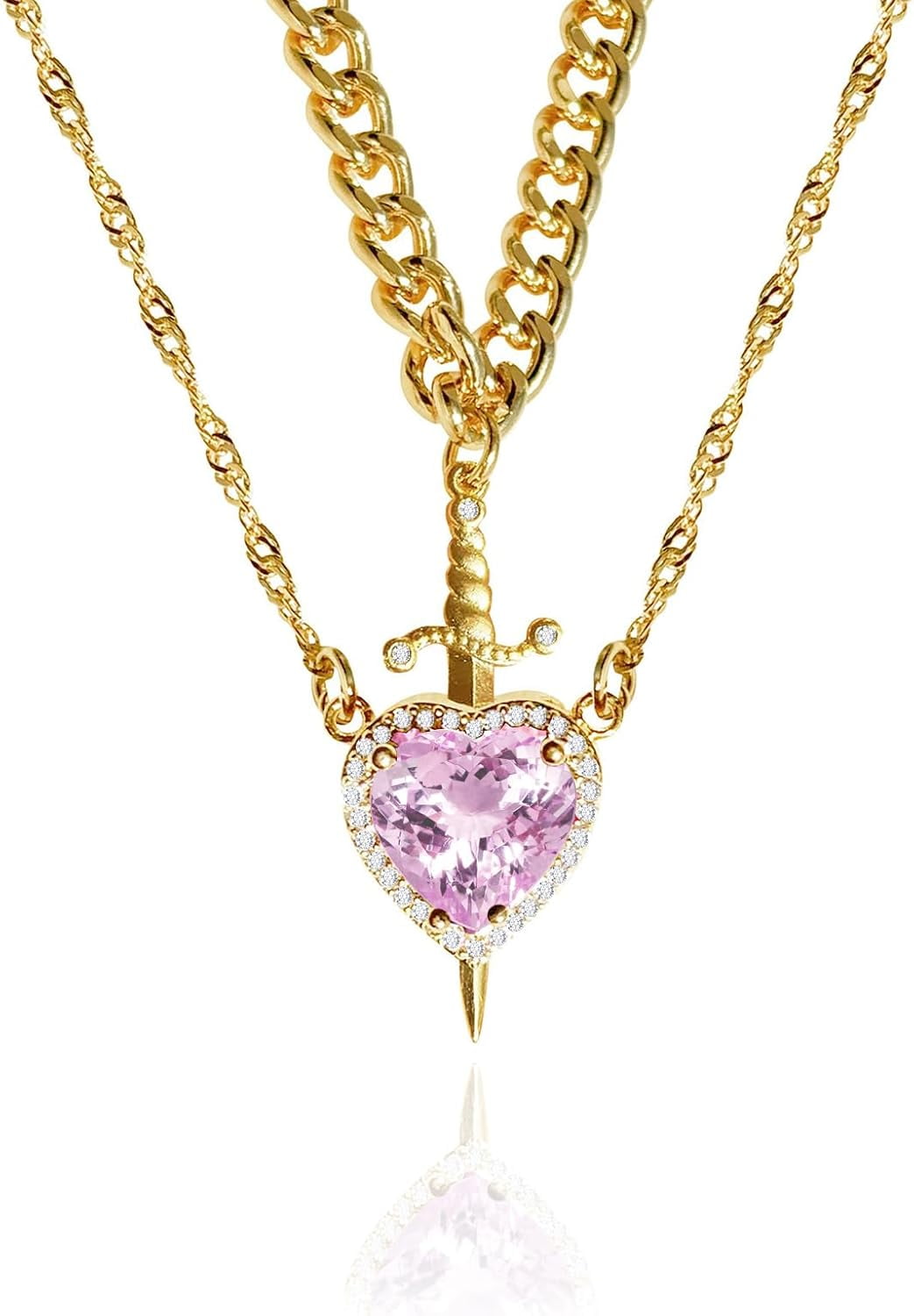 Heart and Sword Couples Necklace Gold Stainless Steel Pink Heart ...