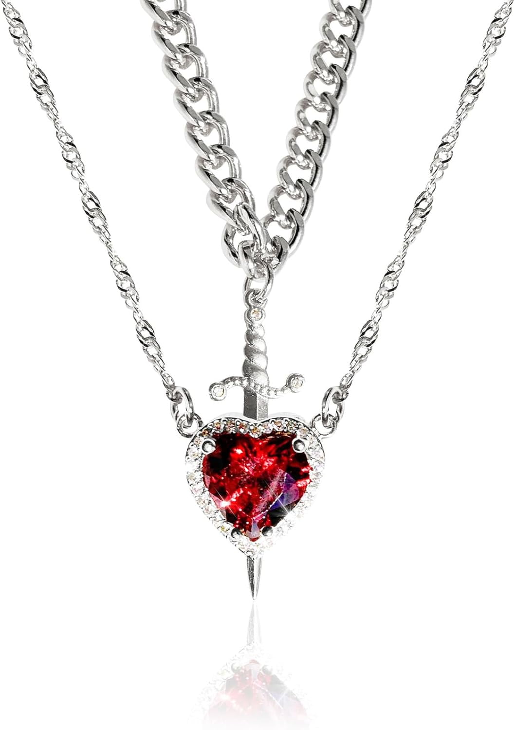 Heart and Sword Couples Necklace Gold Stainless Steel Pink Heart ...