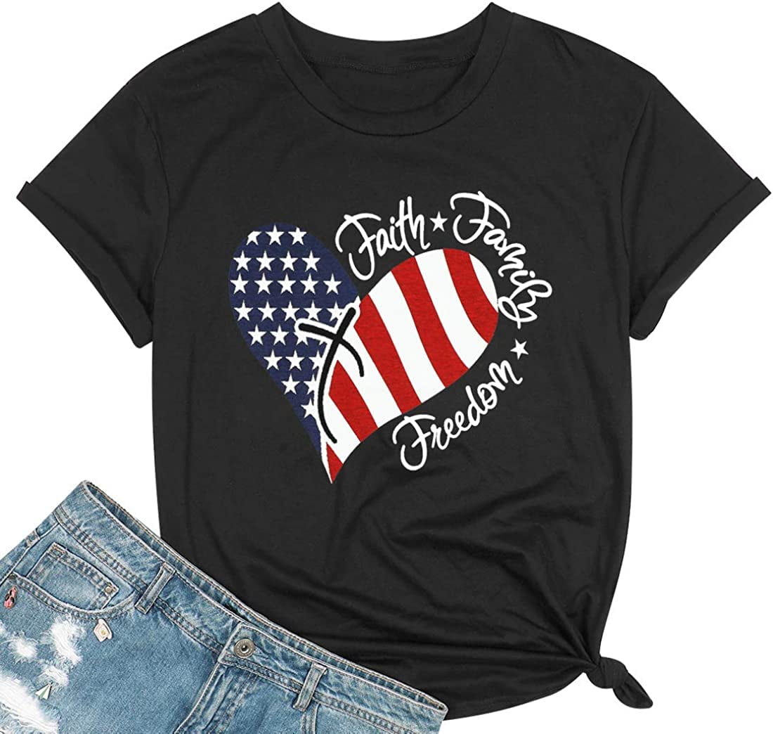 Heart T-shirt Patriotic Shirts for Women Cross American Flag Shirt USA ...