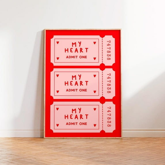 My Heart Ticket Poster, Drawn Valentine'S Heart Quote, Retro Wall Art ...