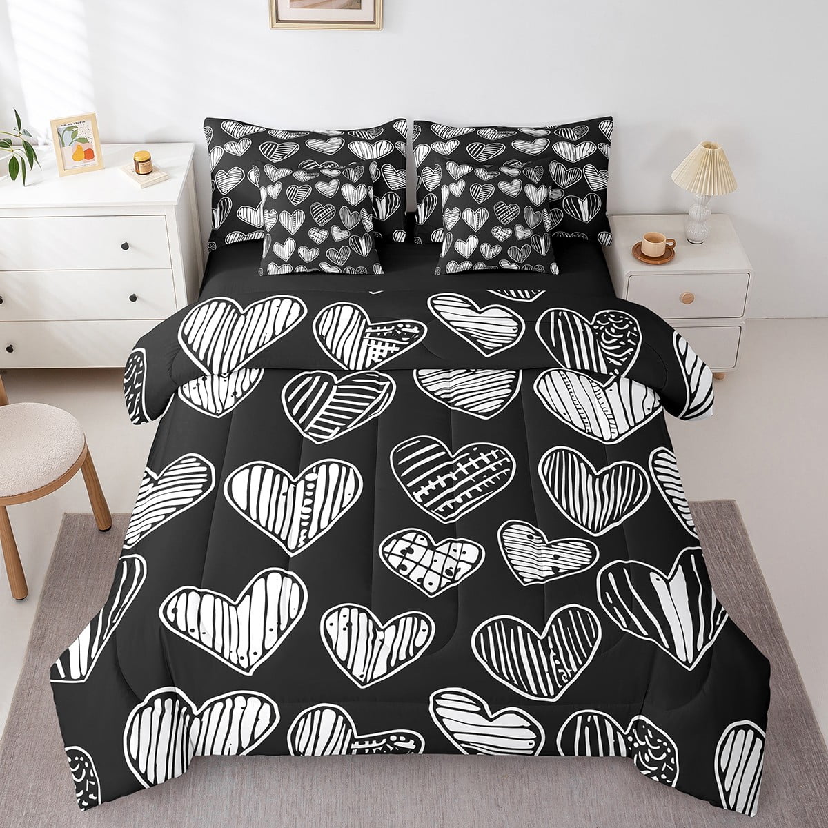 Heart Twin Sheet Set Black Love Heart 7-Piece Bedding Set,Geometric ...
