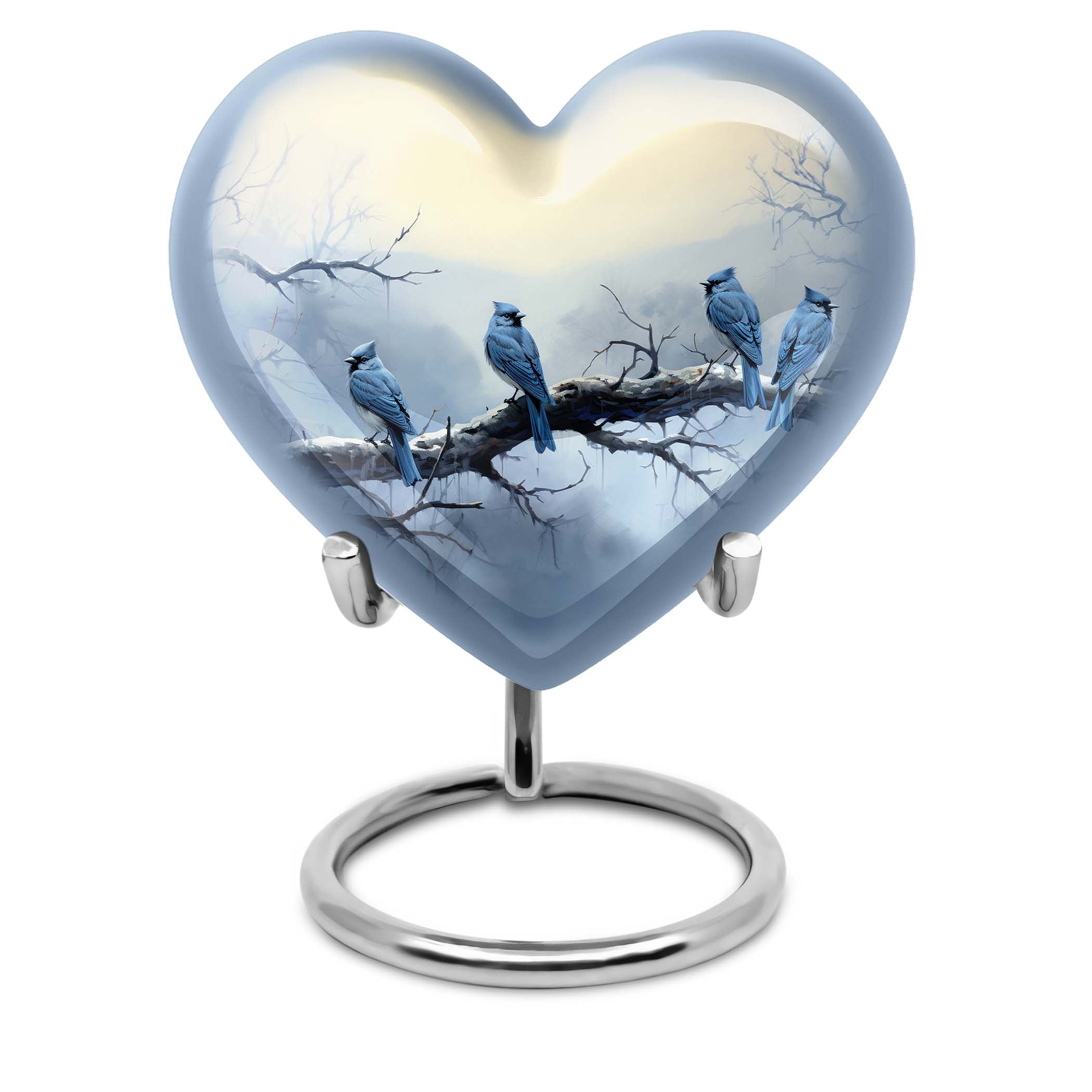Heart Urn Winter Perch Of Blue Jays Heart Shaped Urn For Human Ashes ...