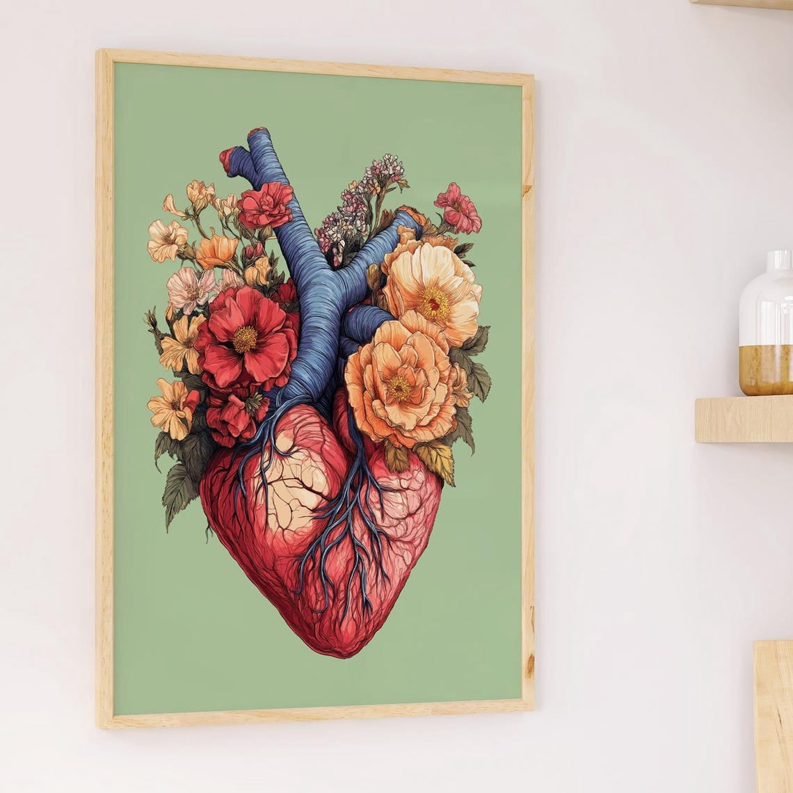 Heart Wall Mural With Flowers Vintage Anatomy Art Medicine Poster Retro ...