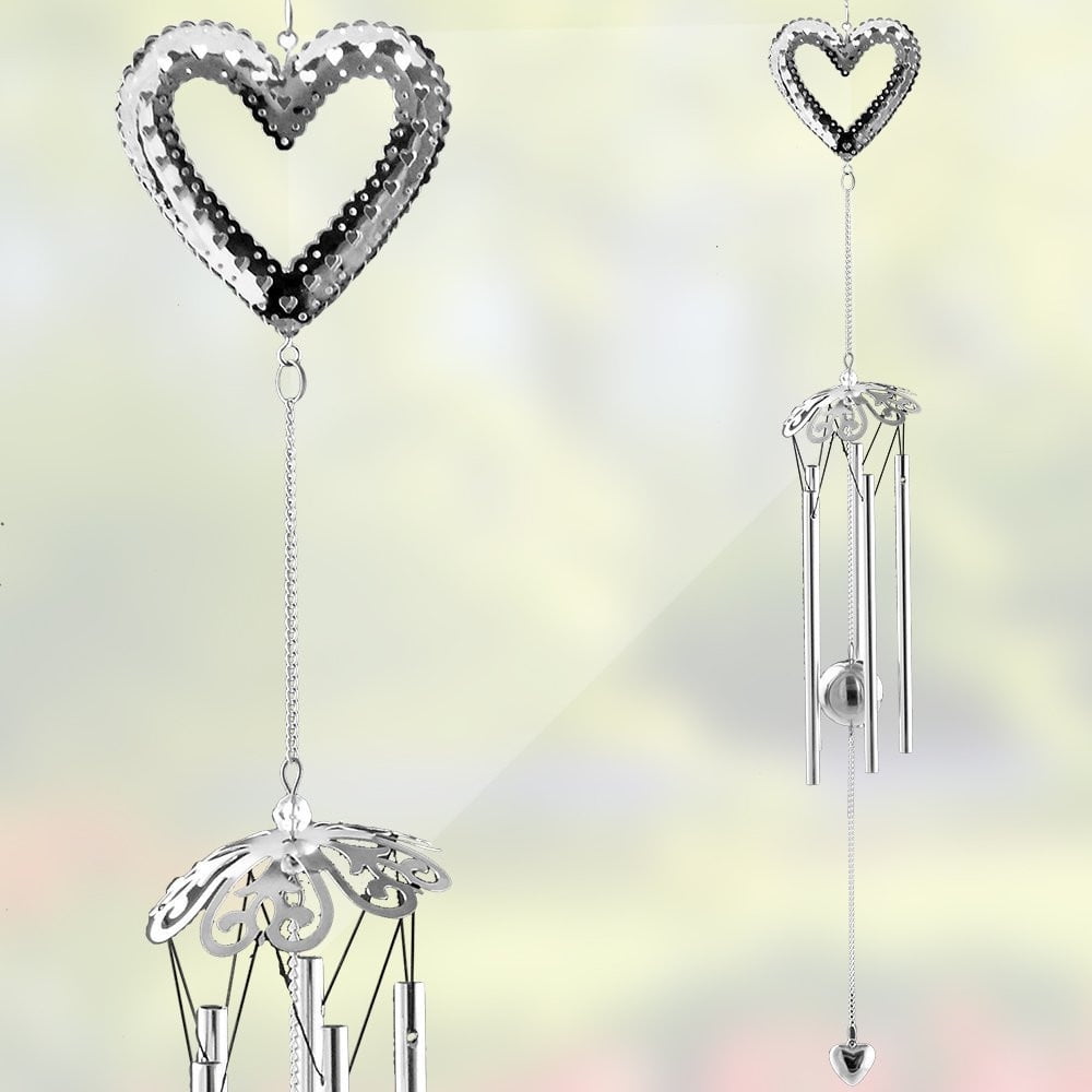 Heart Wind Chime - Silver Heart Filigree Design with Metal Ball ...