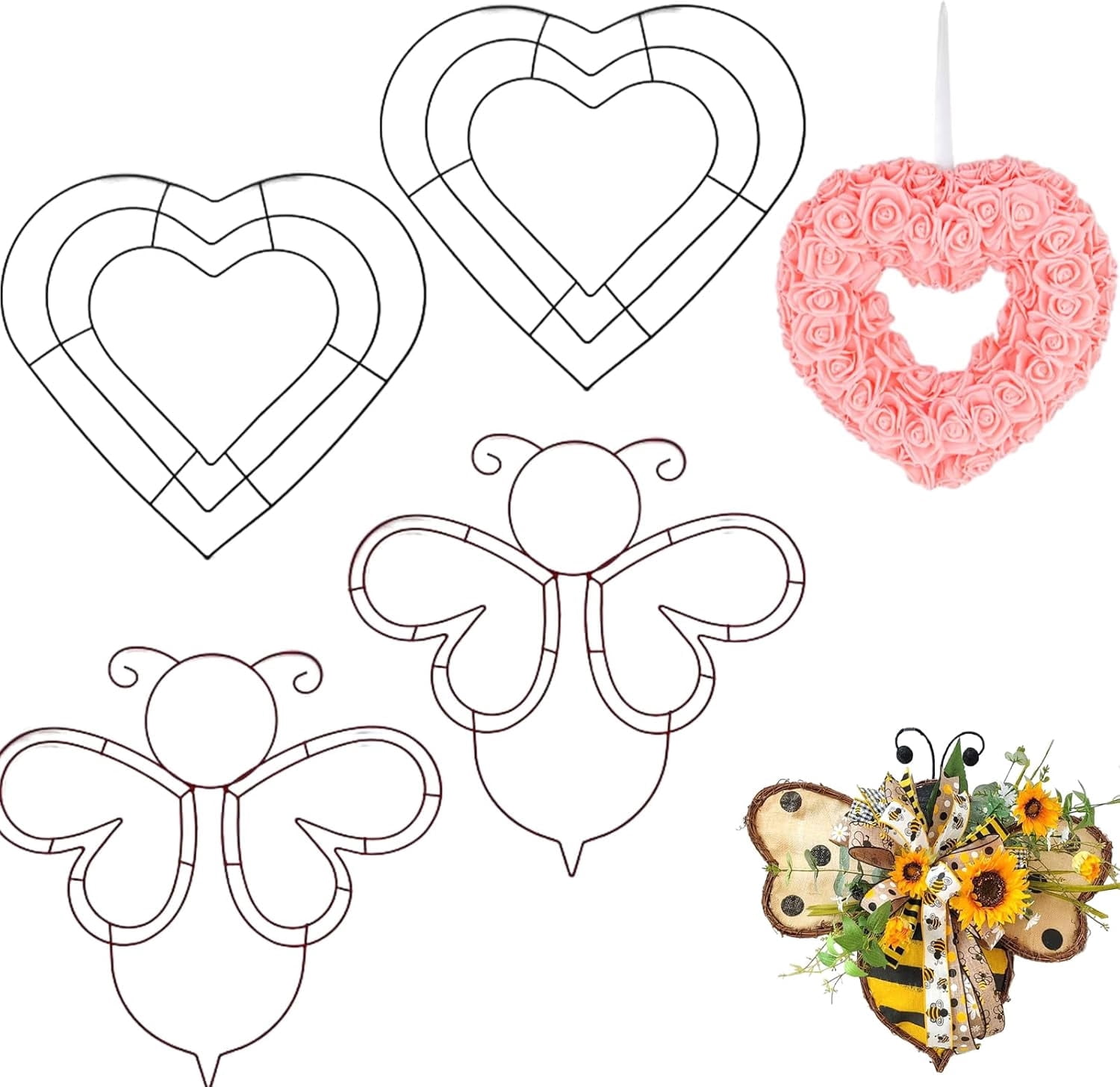 Heart Wreath Form, 14 Inch Wire Wreath Frame,Floral Garden Metal Bee ...