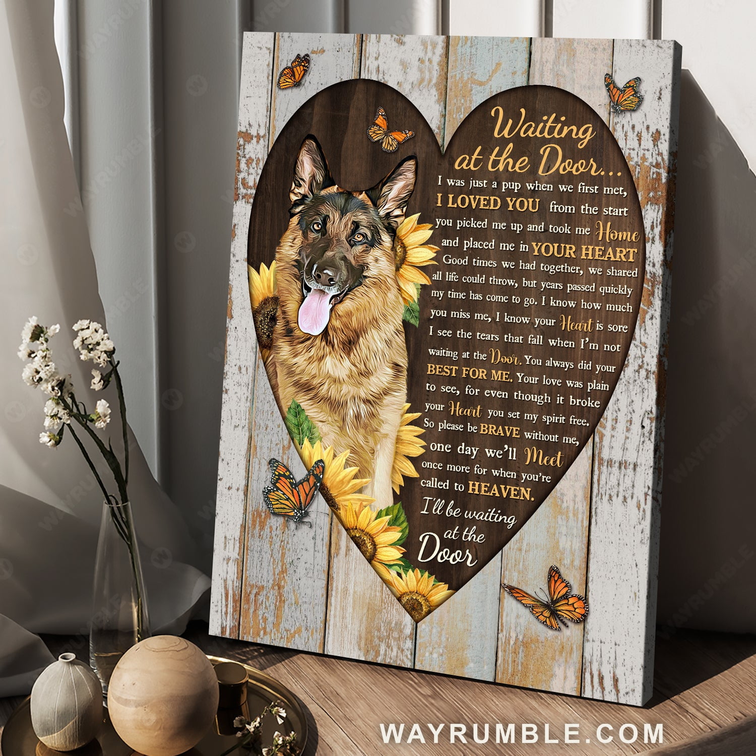 Heart frame, Lovely German Shepherd, Sunflower, Waiting at the door ...
