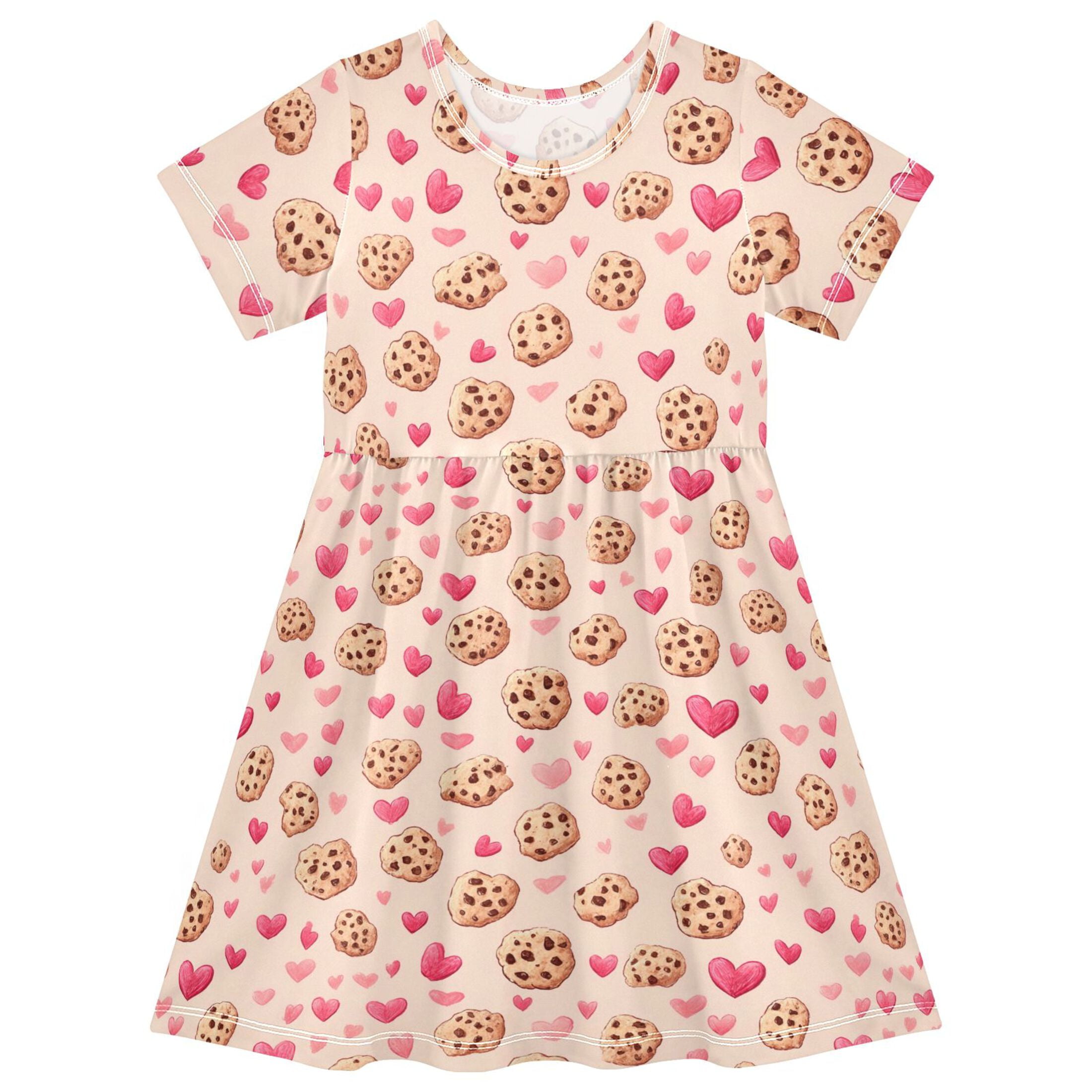 Heart-shaped Cookies Short Sleeve Dress A-Line Cute Midi Casual ...