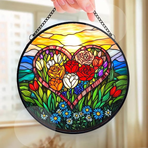 Heart-shaped Flower Bed Sun Catcher Stained Glass Window Hanging Flower ...
