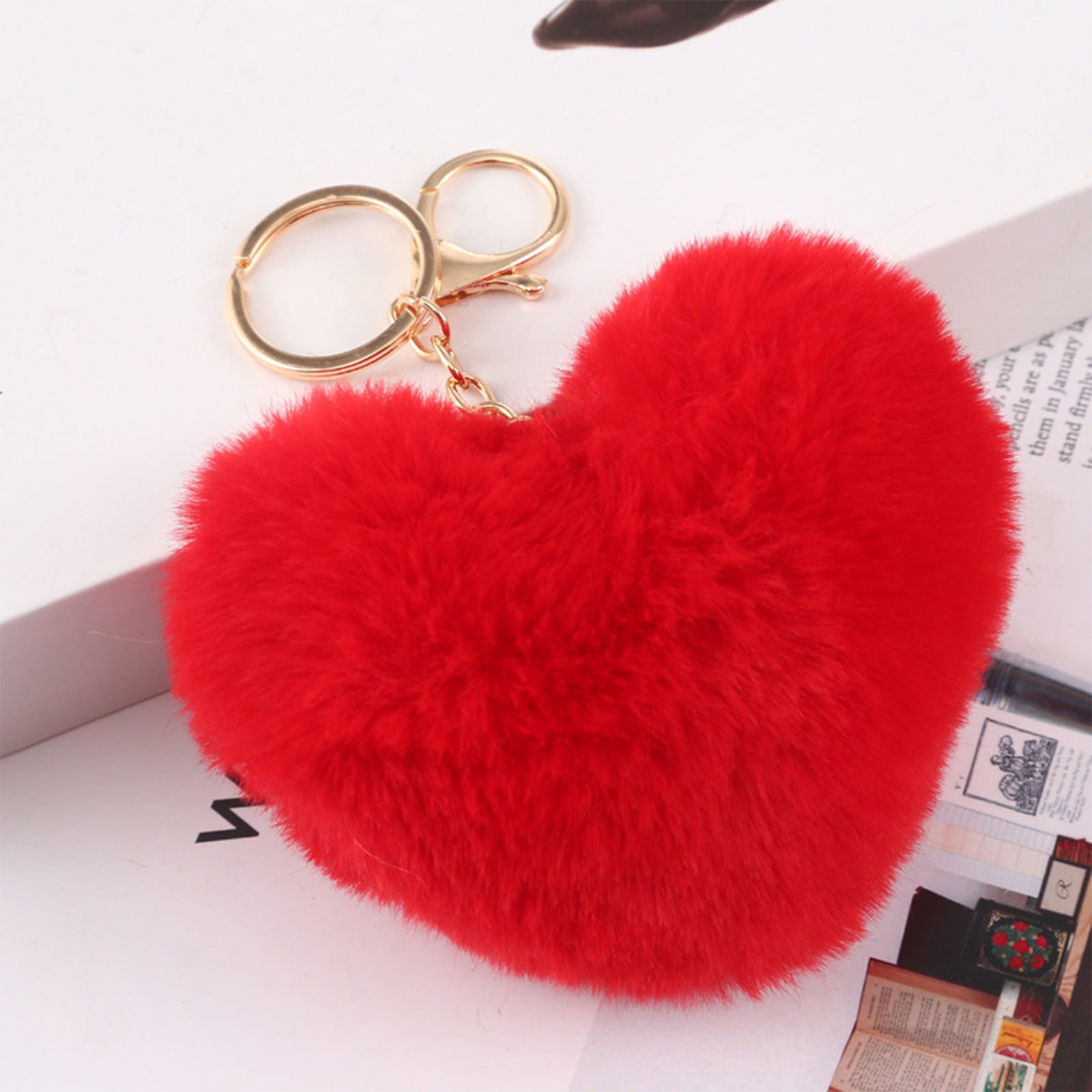 Heart-shaped Key Faux Fur Pendant, Plush Keychain Decor, Soft Faux Fur ...