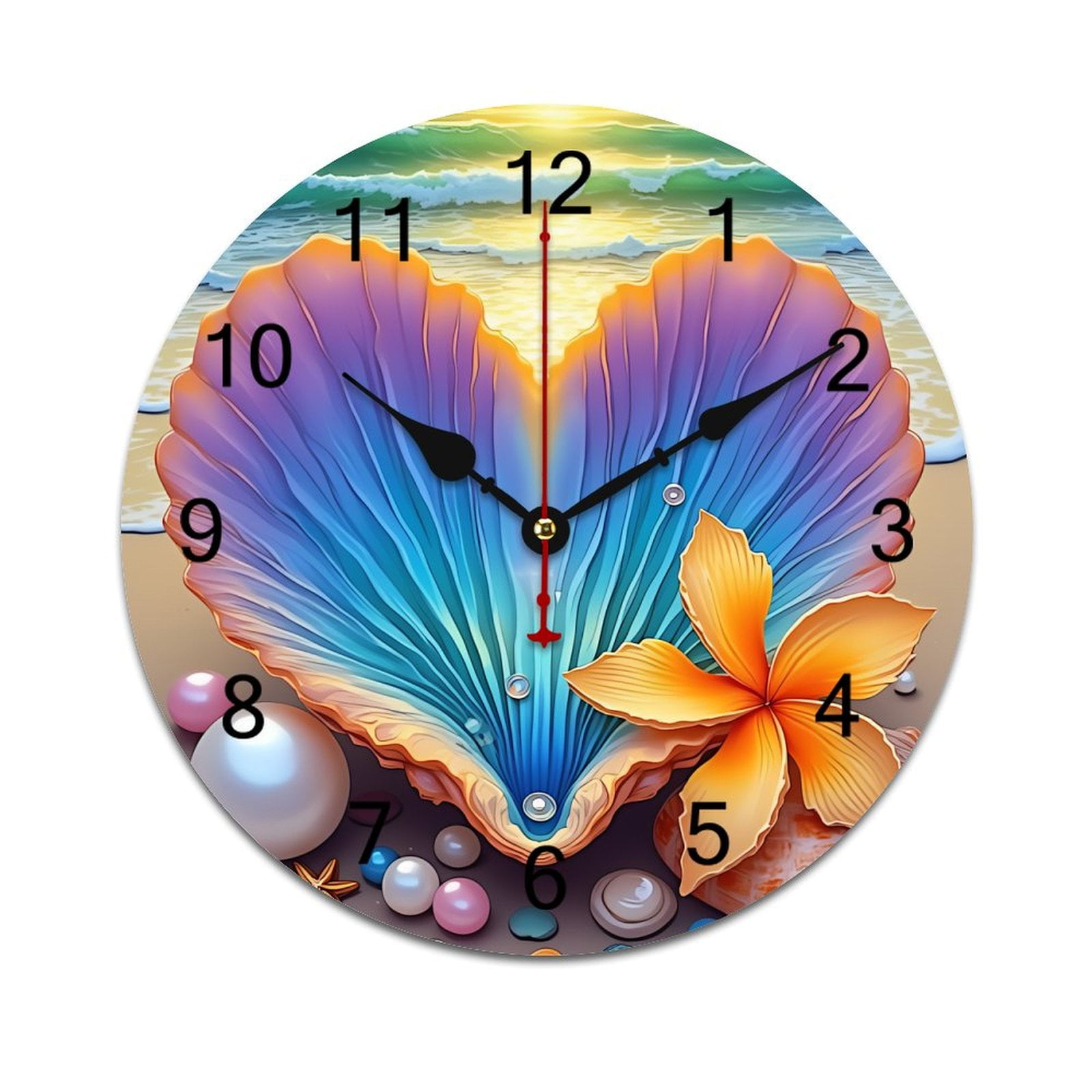 Heart-shaped Seashell Printed Silent Wall Clock Round Kitchen Clock ...