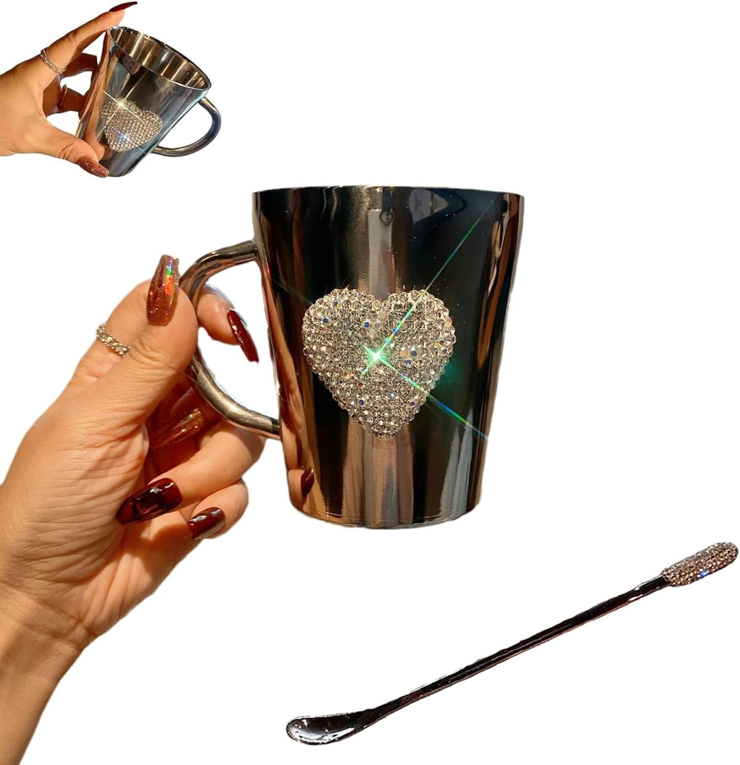 Heart-shaped crystal rhinestone stainless mug, Crystal mugs for coffee ...