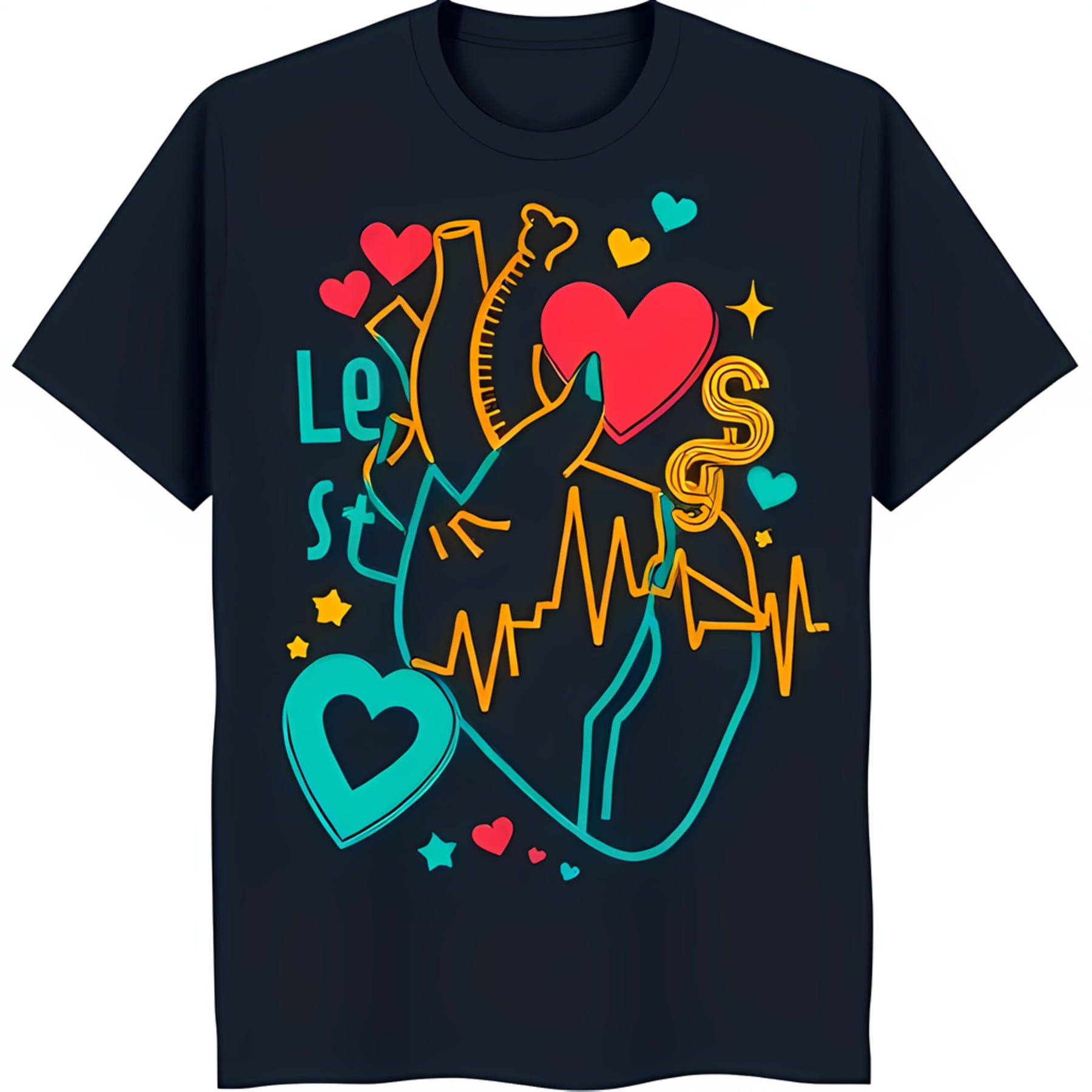 Heartfelt Cartoon Graphic T-Shirt Dark Blue Tee with EKG Heart Design ...