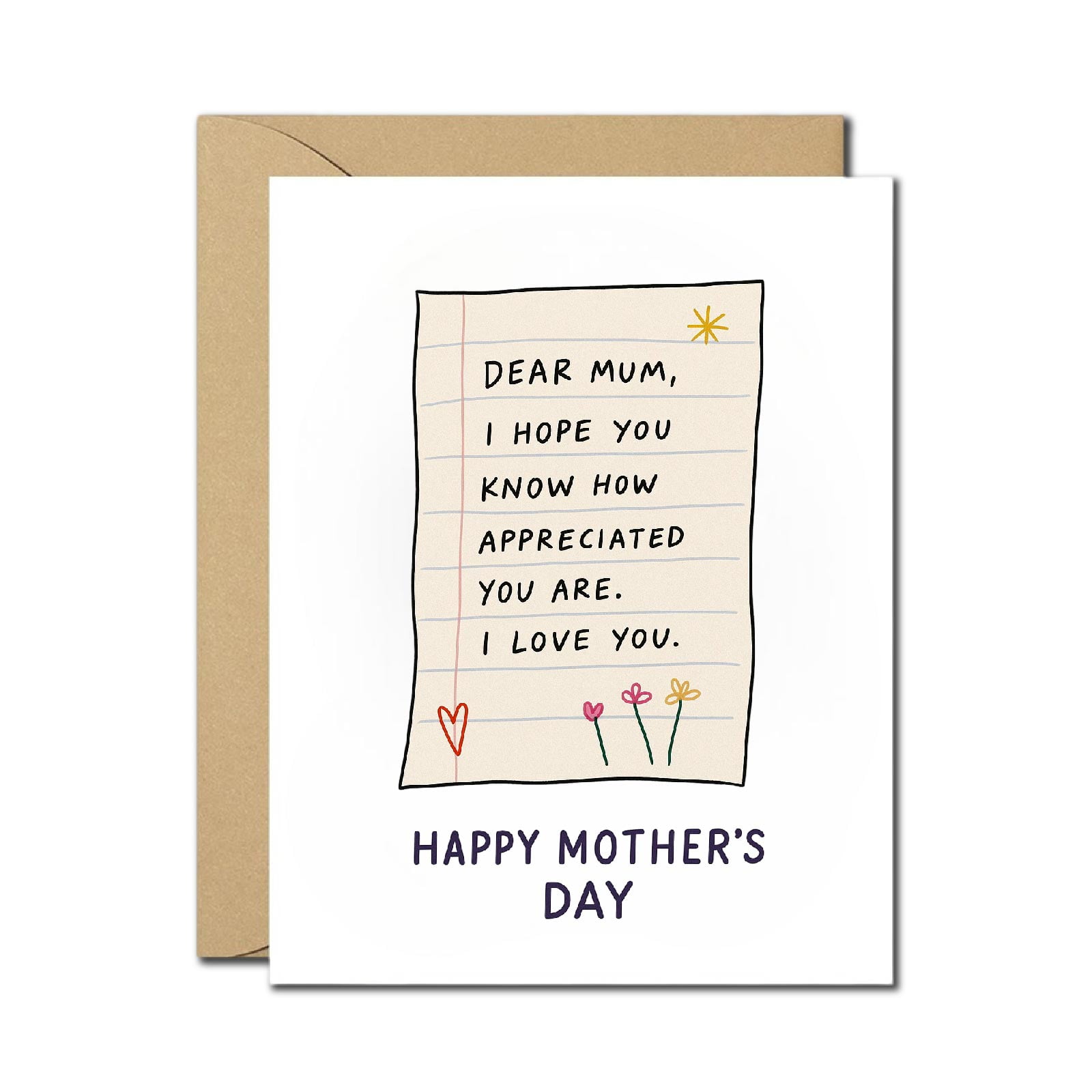Heartfelt Mother’s Day Card with Envelope – Dear Mum Appreciation Note ...