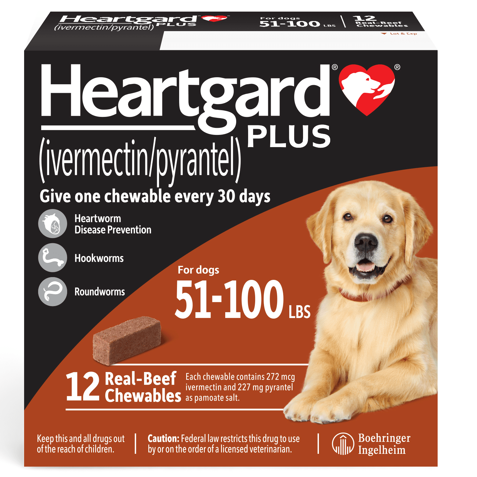 Heartgard Plus Chew for Dogs, 51-100 lbs, (Brown Box) - Walmart.com