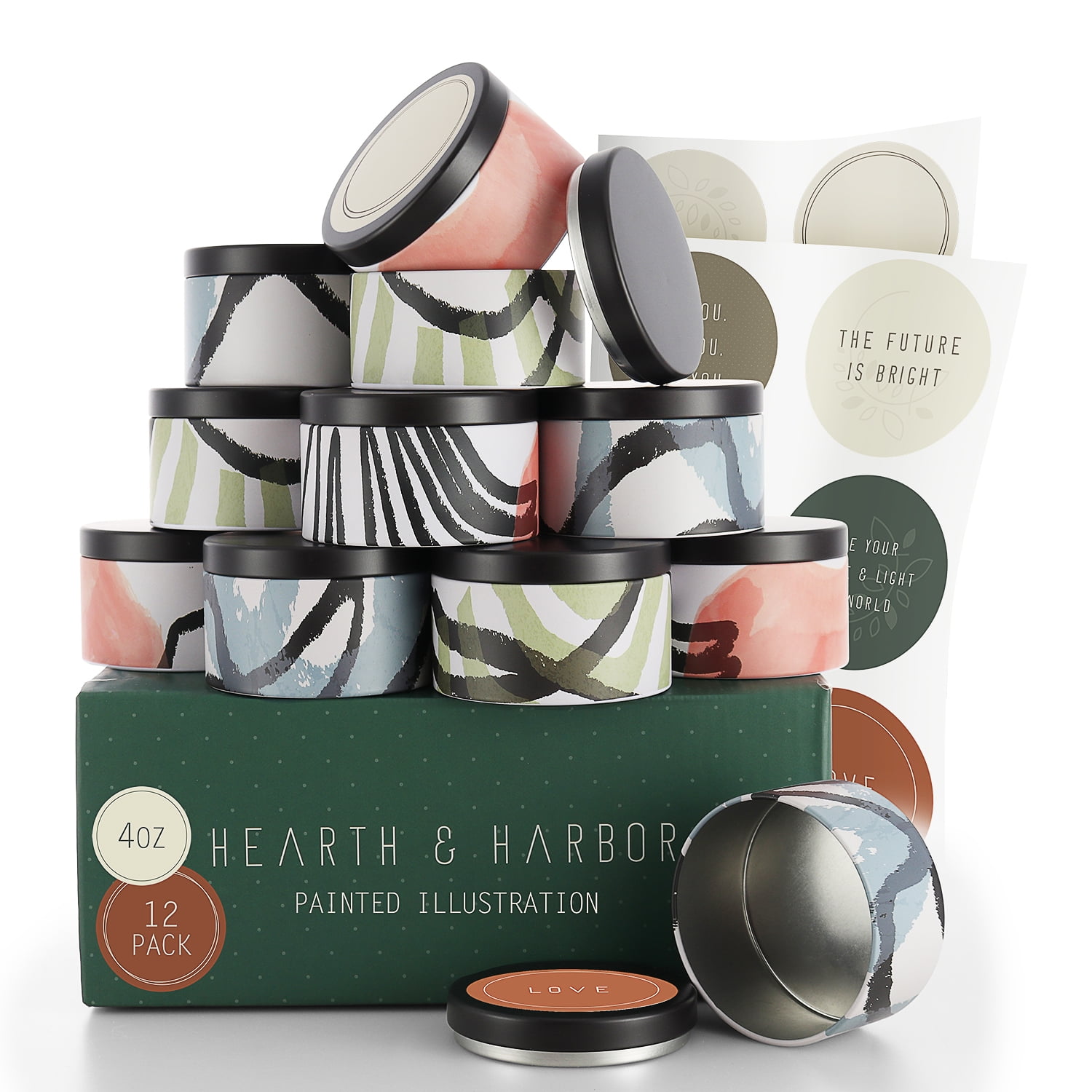 Hearth & Harbor 12 Pack 4 Oz Decorative Metal Candle Tins with Lids for ...
