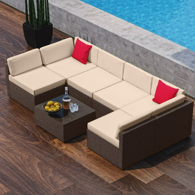 Hearth & Harbor 7-Piece Outdoor Patio Furniture Set, Wicker Sectional ...