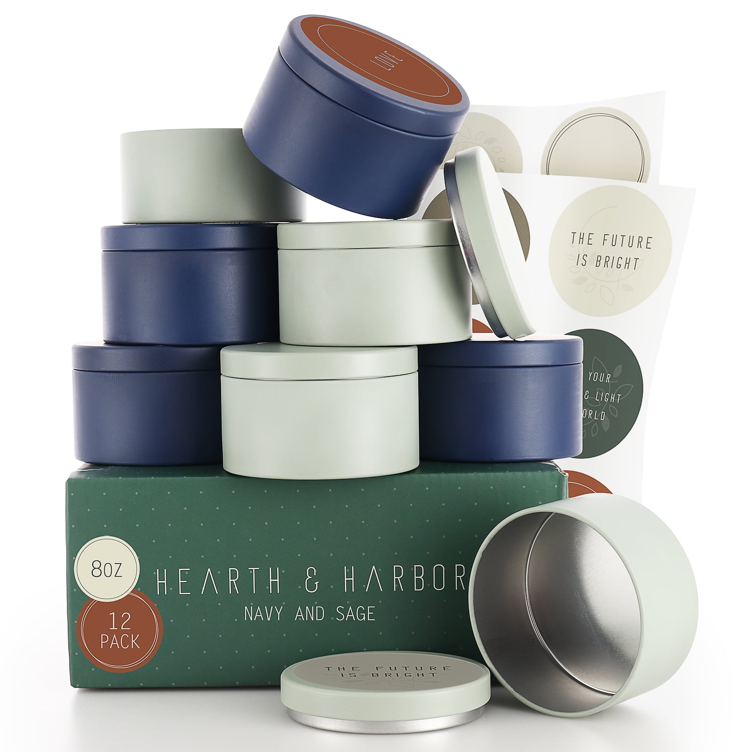 Hearth & Harbor 8 Oz, 12 Pack Navy and Sage DIY Candle Containers with ...