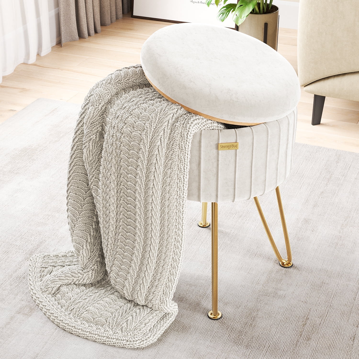 Hearth & Harbor, Round Ottoman with Storage, Pleated Velvet Cream ...
