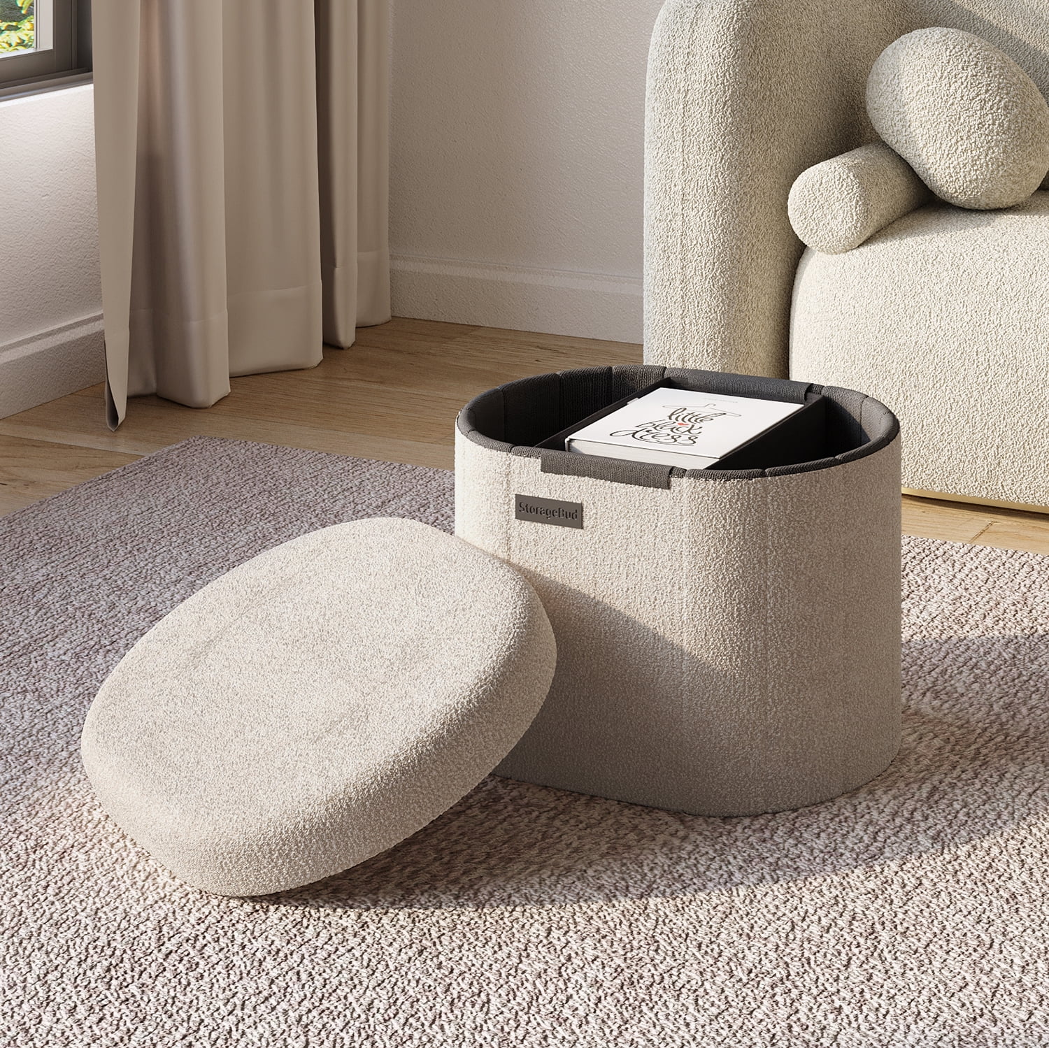 Hearth & Harbor, Oval Storage Ottoman Bench, 16" Boucle, Beige ...