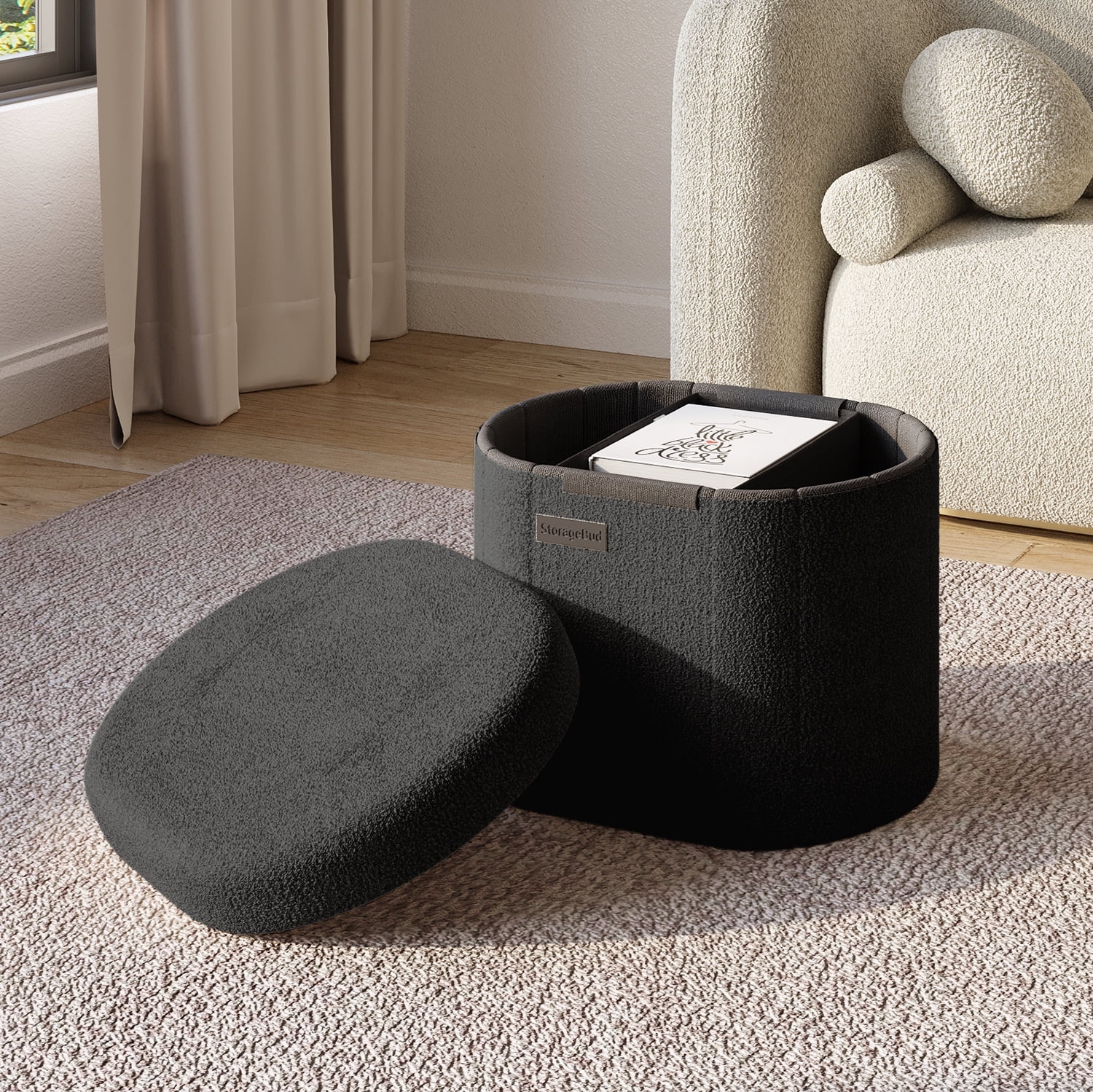 Hearth & Harbor Oval Storage Ottoman Bench, Boucle 16" Ottoman with ...