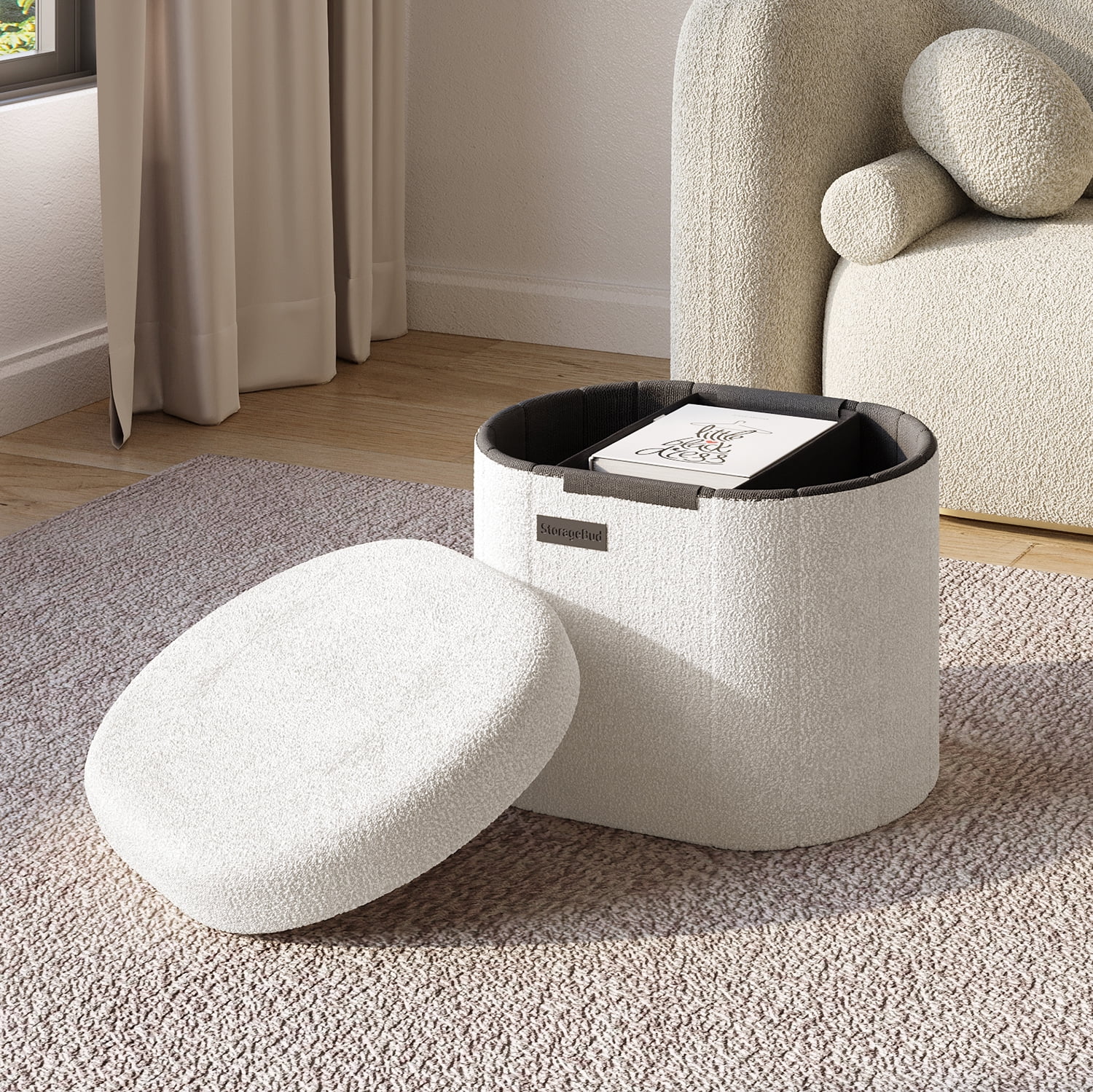 Hearth & Harbor Oval Storage Ottoman Bench, Boucle 16" Ottoman with ...