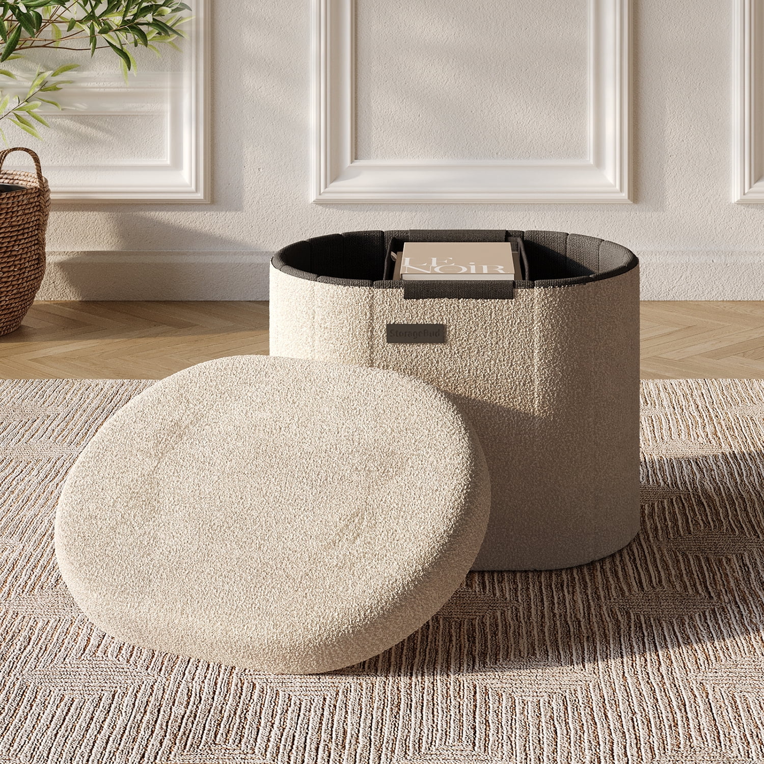 Hearth & Harbor Oval Storage Ottoman Bench, Boucle 18" Ottoman with ...